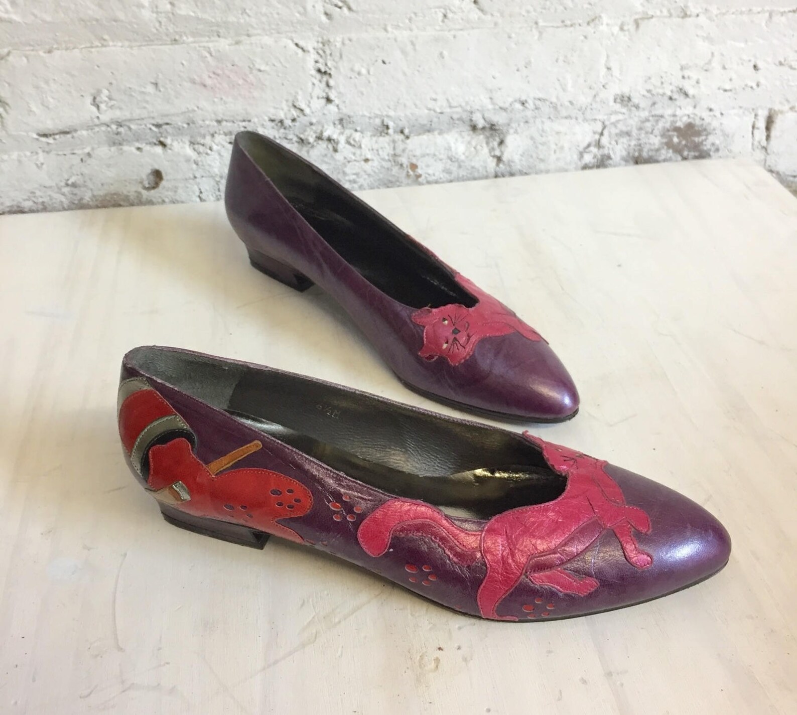 Vintage 80’s Margaret Jerrold Leather Cat Print Kitten Heels / Novelty ...