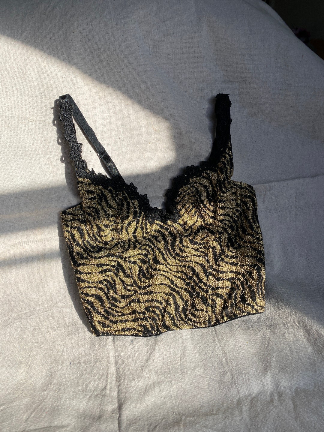 Black and Gold Vintage Bustier / 80s Black Metallic Bra Top / Tiger ...