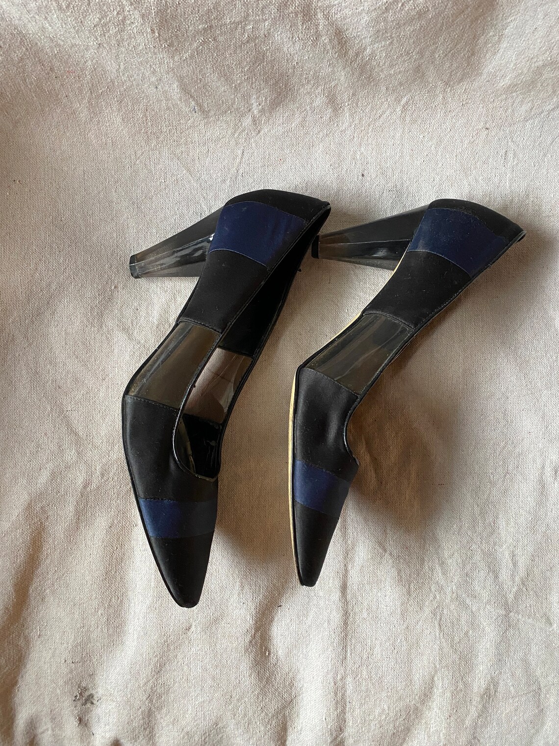 Vintage Abaete Satin and Lucite Pumps / Y2k Formal Black and Navy Pumps ...