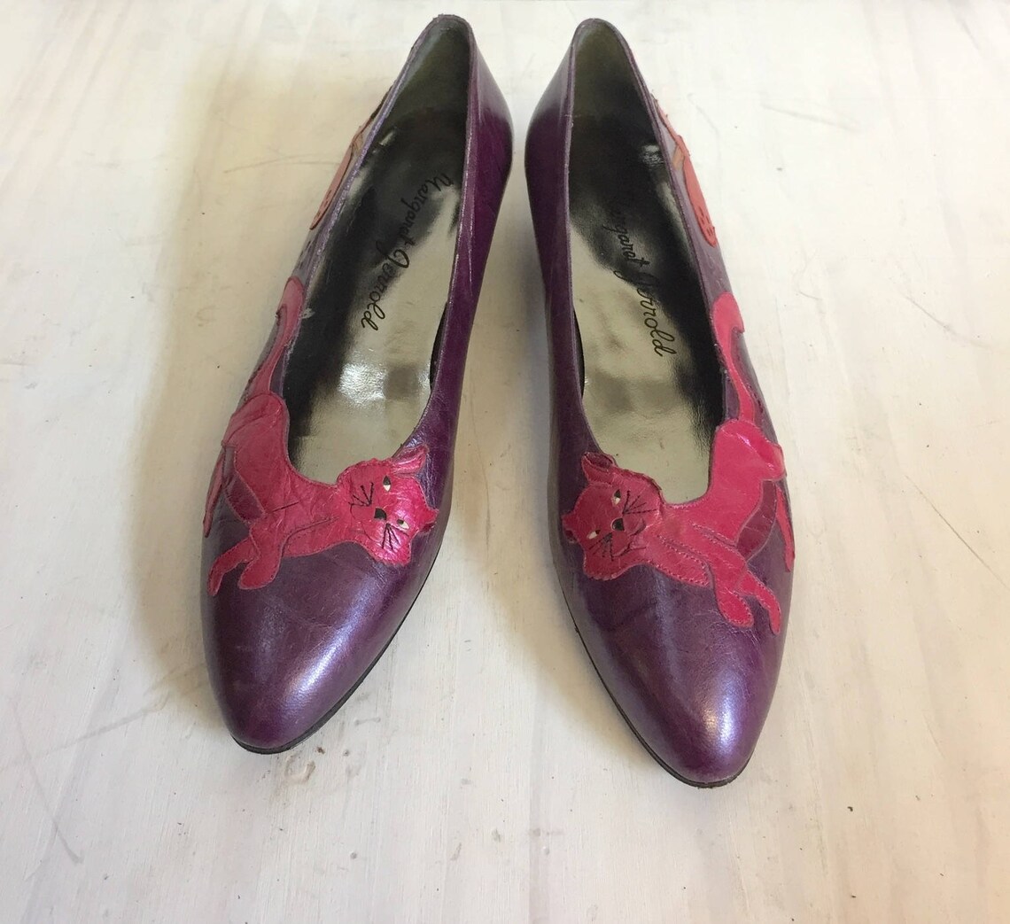 Vintage 80’s Margaret Jerrold Leather Cat Print Kitten Heels / Novelty ...