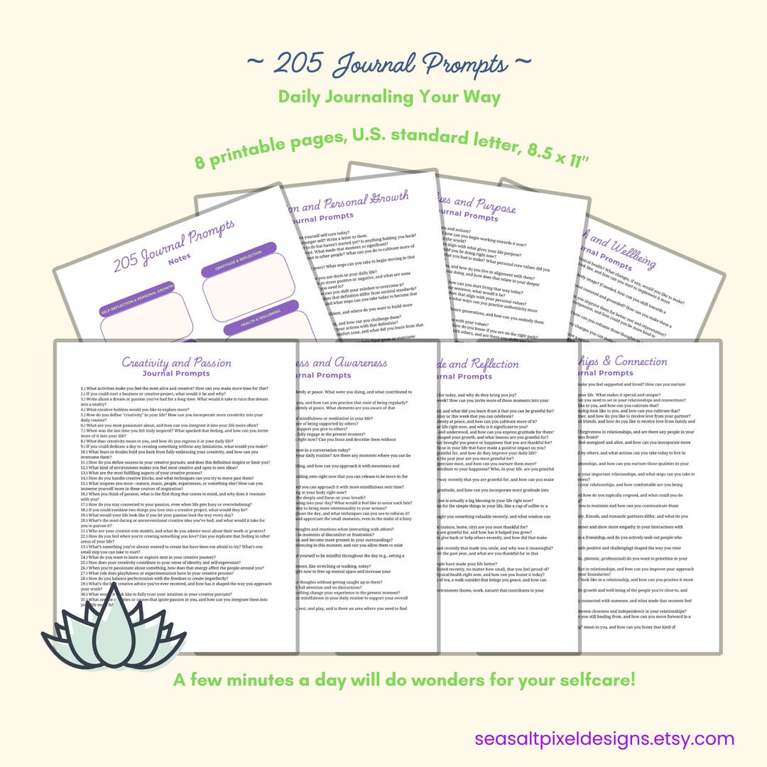 205 Daily Journal Insert Printable Prompts 8 Page Self-reflection ...