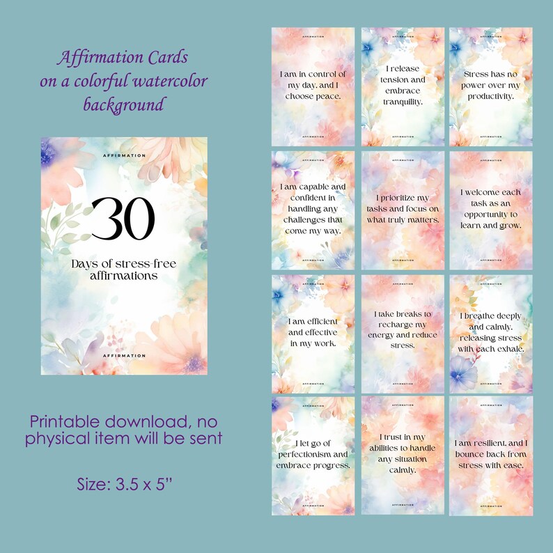 Small Pintable 30 Days of Stress-free Affirmation Cards Selfcare ...