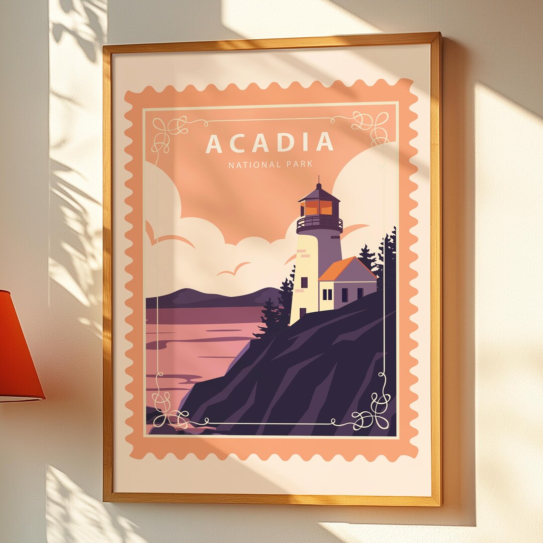 Acadia National Park Poster Retro Stamp Print Minimalist Coastal Art ...