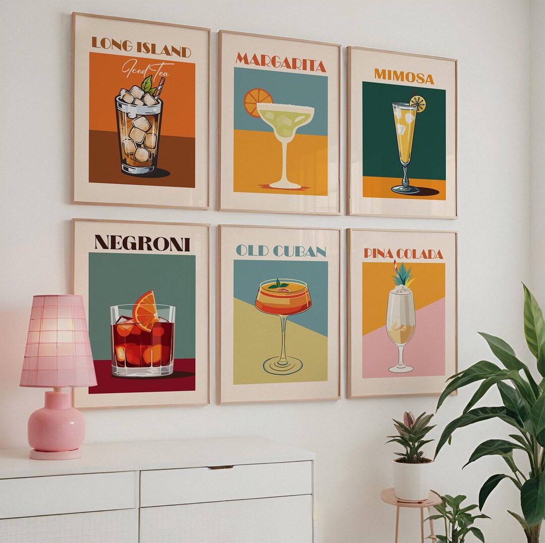 Retro Cocktail Poster Set | Vintage Bar Wall Art | Mid-century Drink ...