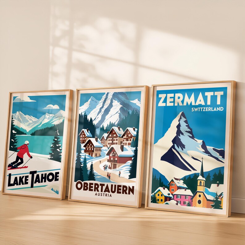 12 Vintage Ski Posters Bundle of Retro Ski Lodge Wall Art Skiing Prints ...