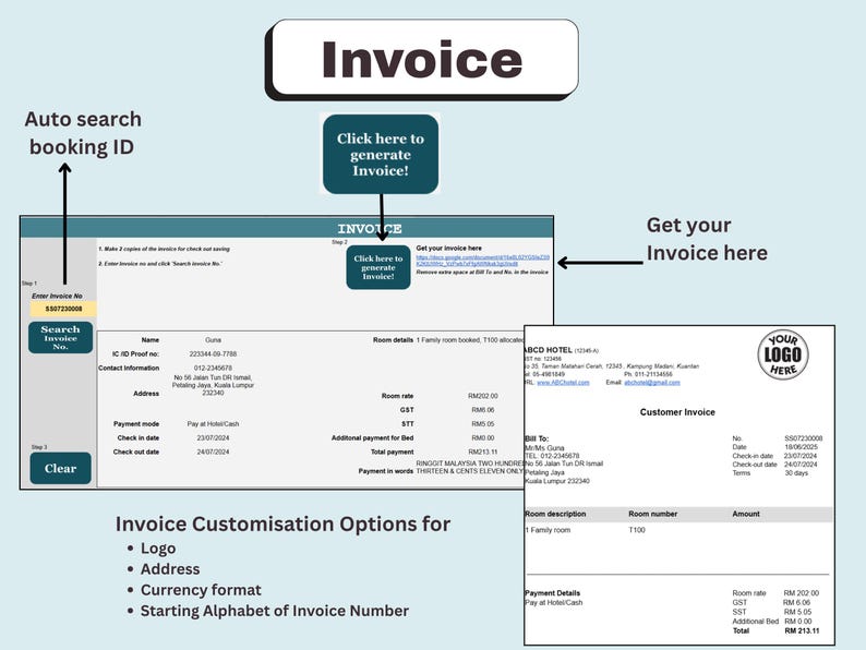 Hotel Management Spreadsheet Template | Booking, Invoicing & Cleaning ...
