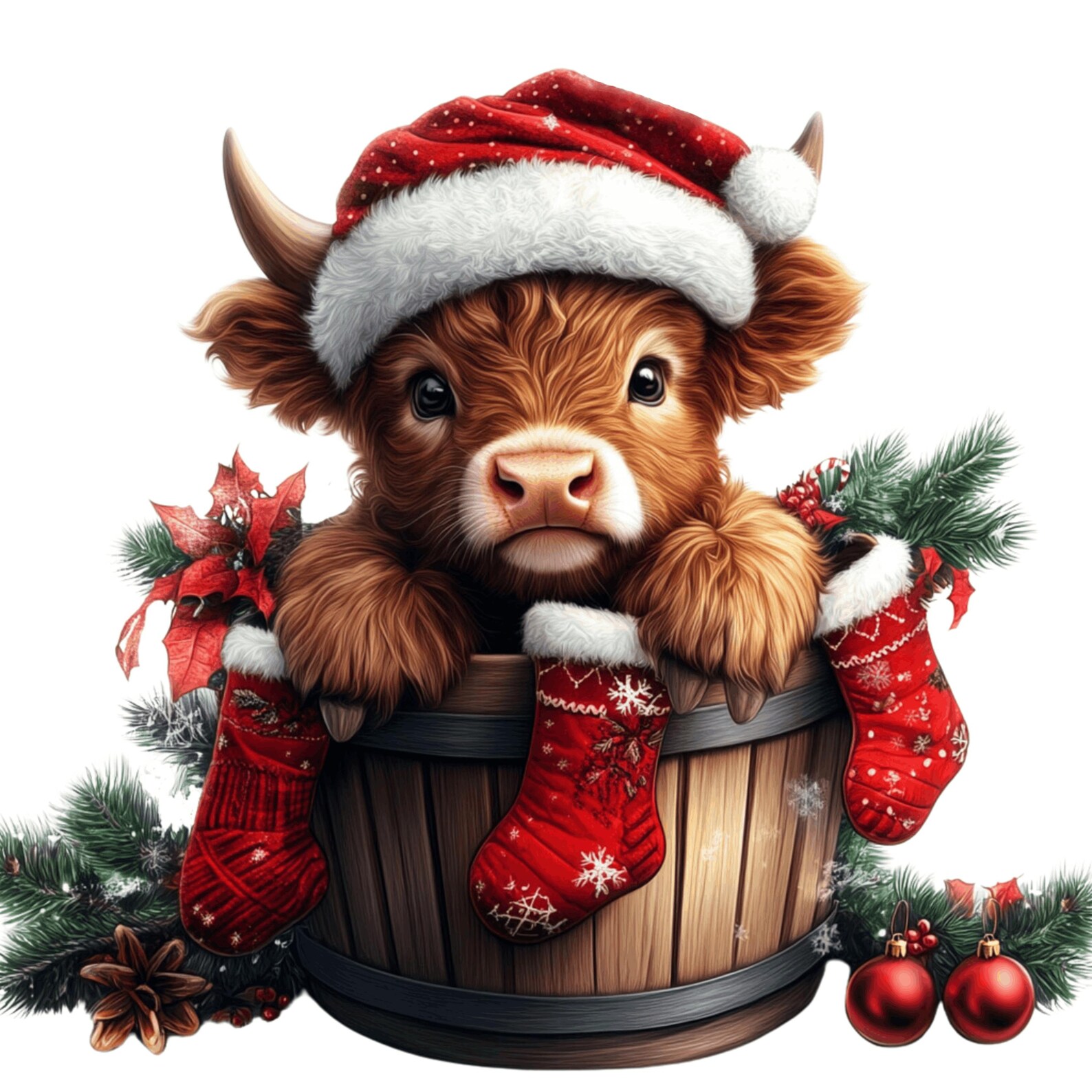 3 Christmas Highland Cow Clipart Set | Funny Cow in Bucket PNG | Cute ...
