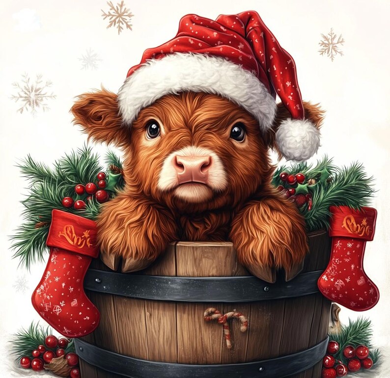 3 Christmas Highland Cow Clipart Set | Funny Cow in Bucket PNG | Cute ...