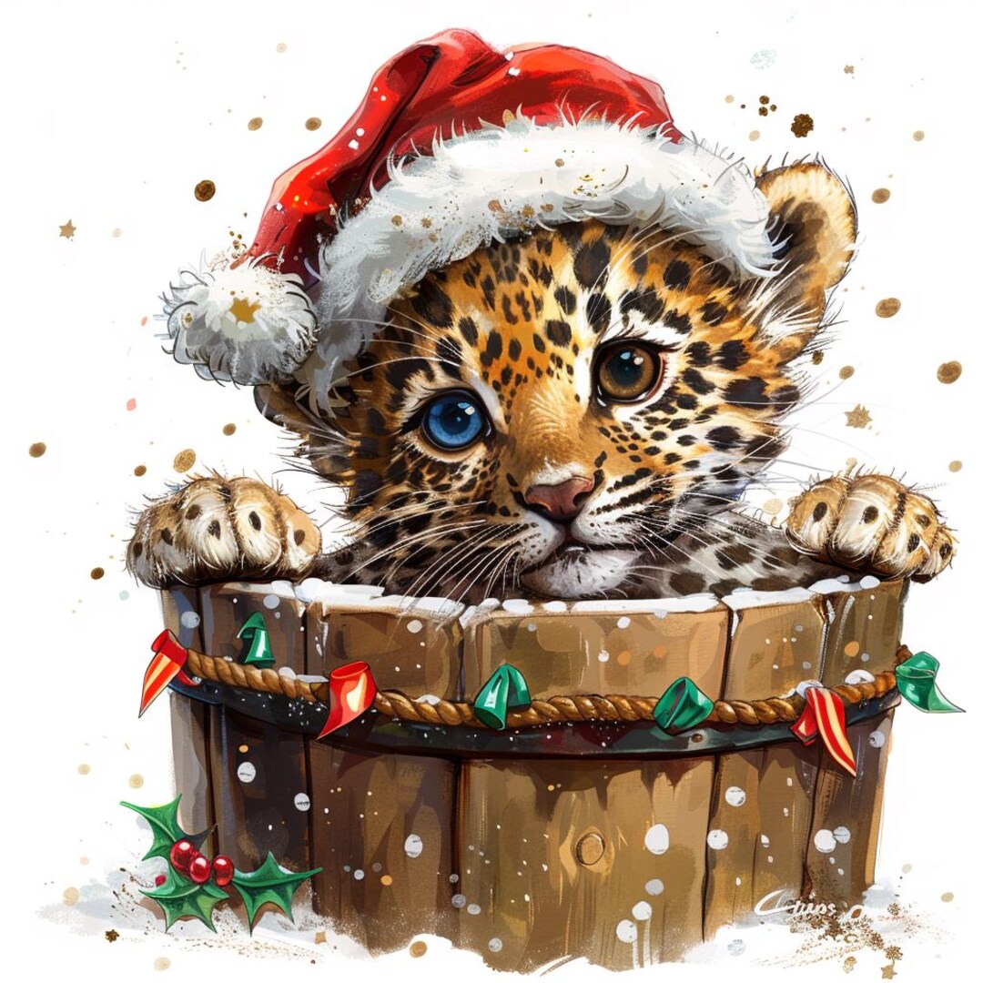 Christmas Leopard in Bucket PNG, Holiday Clipart, Festive Animal Design ...