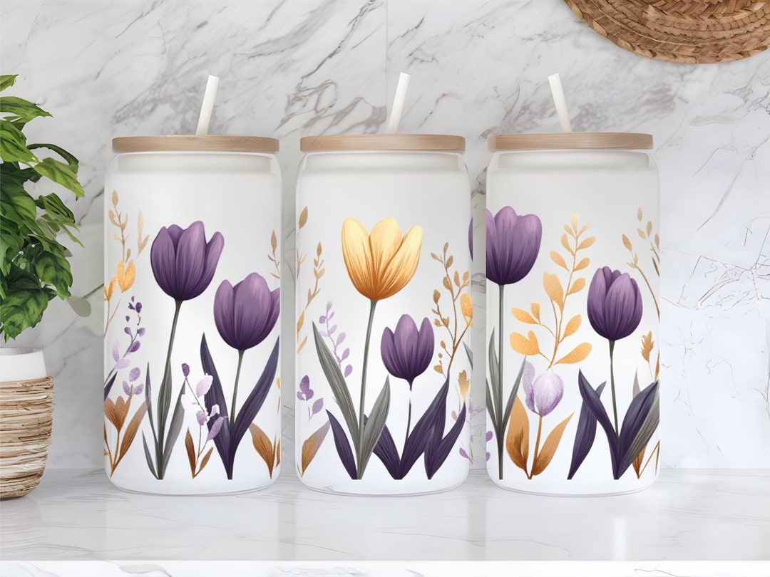 Wildflowers Tulip Flower Frosted Glass Can Wrap 16oz PNG, Dxf, SVG ...