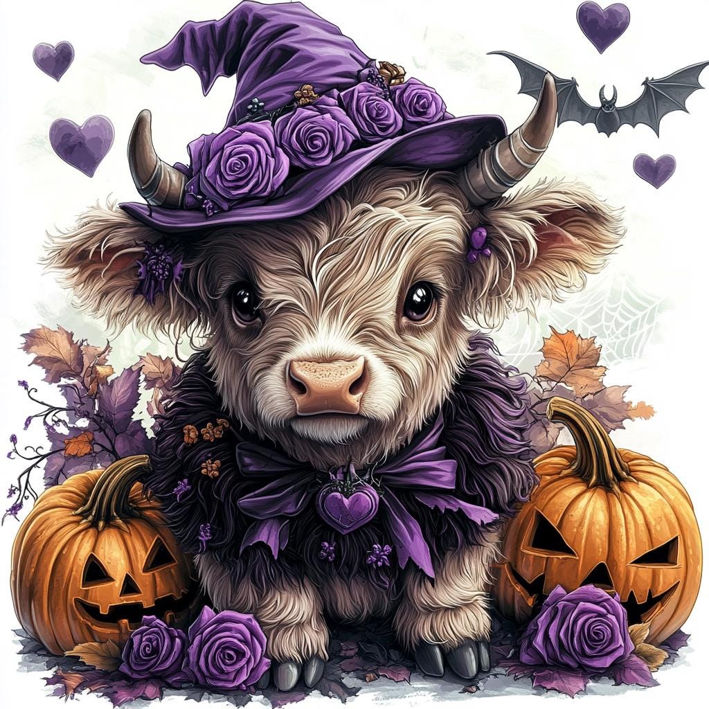 Witch Highland Cow PNG Bundle, 5 Halloween Designs, Cute Ghost, Spooky ...
