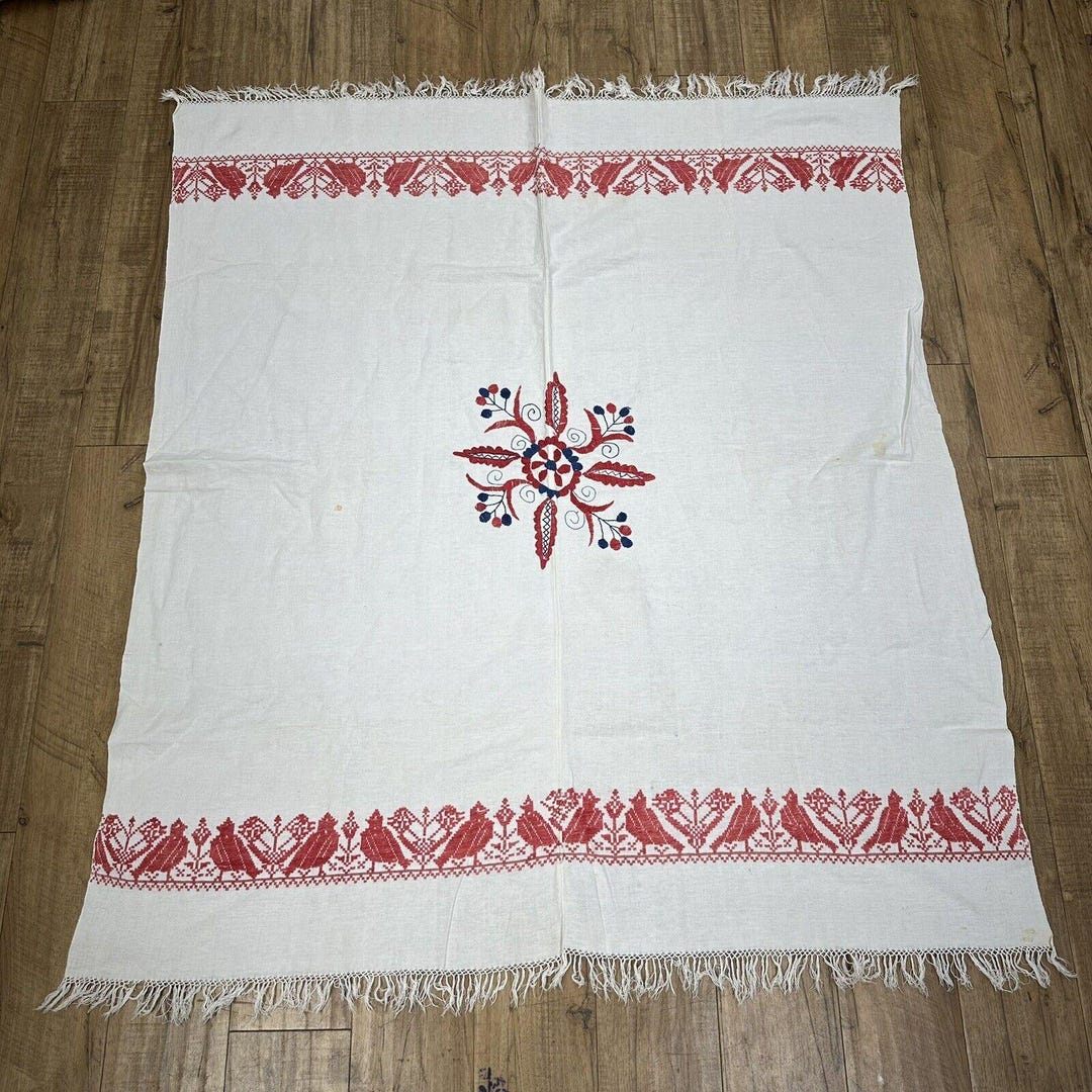 Vintage Hand Embroidered Red White Blue Tablecloth Bird Floral Leaf FS ...