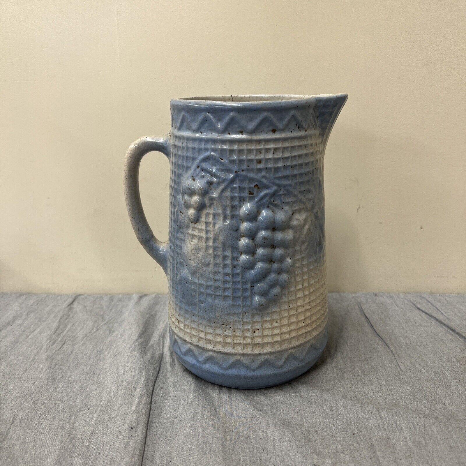 Antique Primitive Stoneware Blue & White 9.25 Inch Pitcher Grapes FS ...