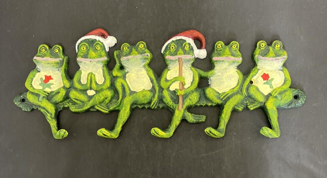 Vintage Cast Iron Wall of Christmas Toads Frogs Wall Stocking Hanger FS ...