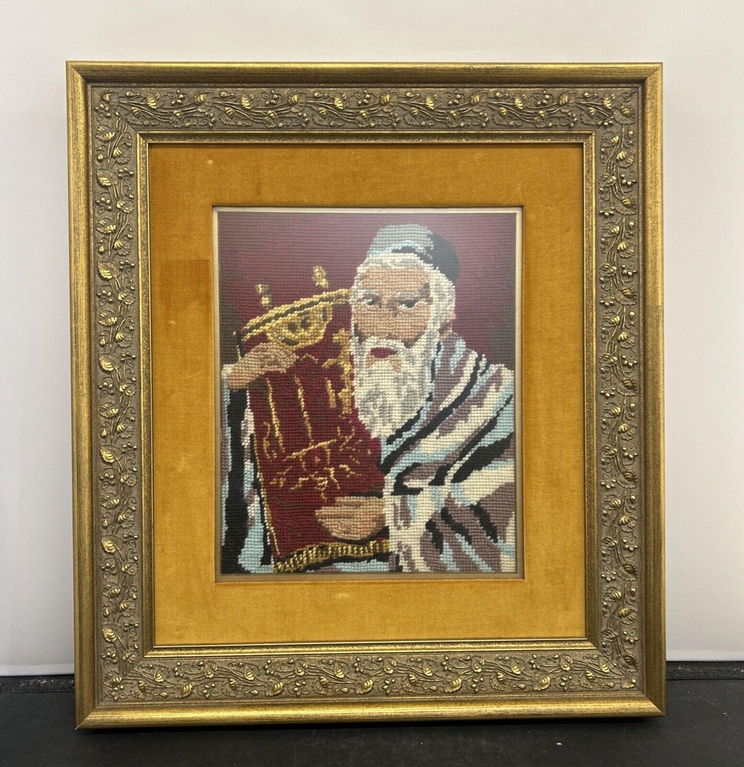 Vintage Needlepoint Jewish Judaic Rabbi W/torah Framed Beautiful Matted ...