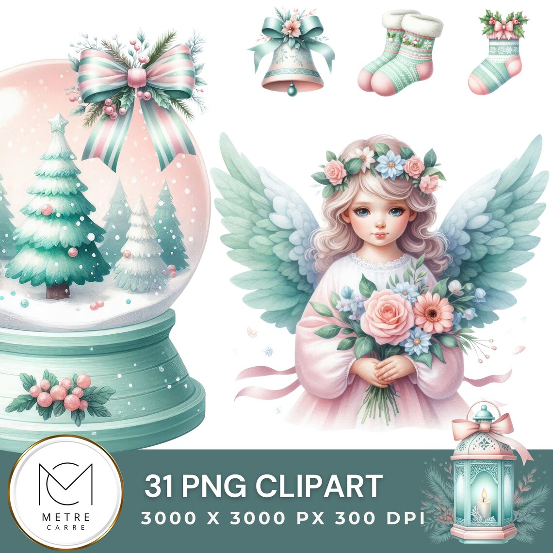 Pastel Mint & Pink Christmas Clipart Bundle | 31 PNG Designs | Cute ...