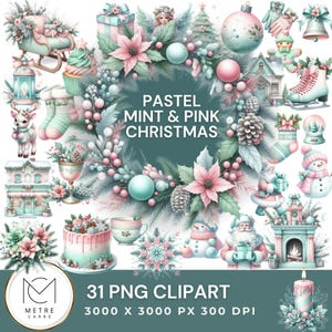 Pastel Mint & Pink Christmas Clipart Bundle 31 PNG Designs Cute ...