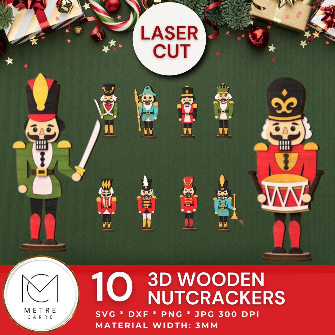 3D Wooden Nutcracker Laser Cut Bundle | 10 Christmas SVG Files | Png ...
