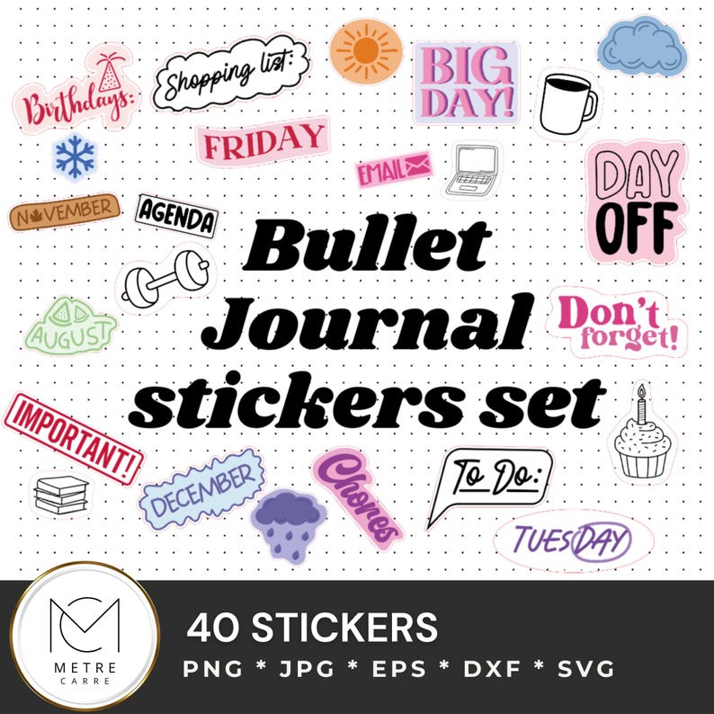 Bullet Journal Sticker Set | 40 Cute Digital Planner Stickers ...