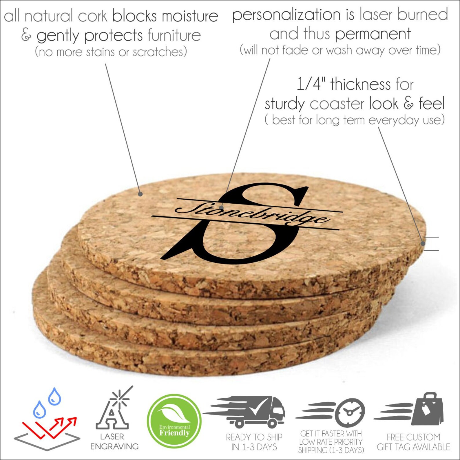 6-pack Monogram Coaster Set Personalized Cork Coasters With - Etsy