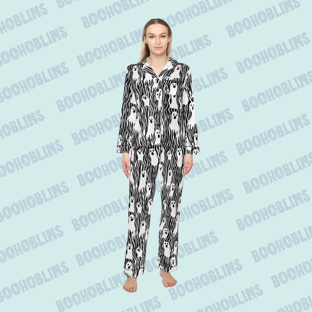 Women's Satin Pajamas Set Halloween Loungewear, Spooky Satin Sleepwear ...