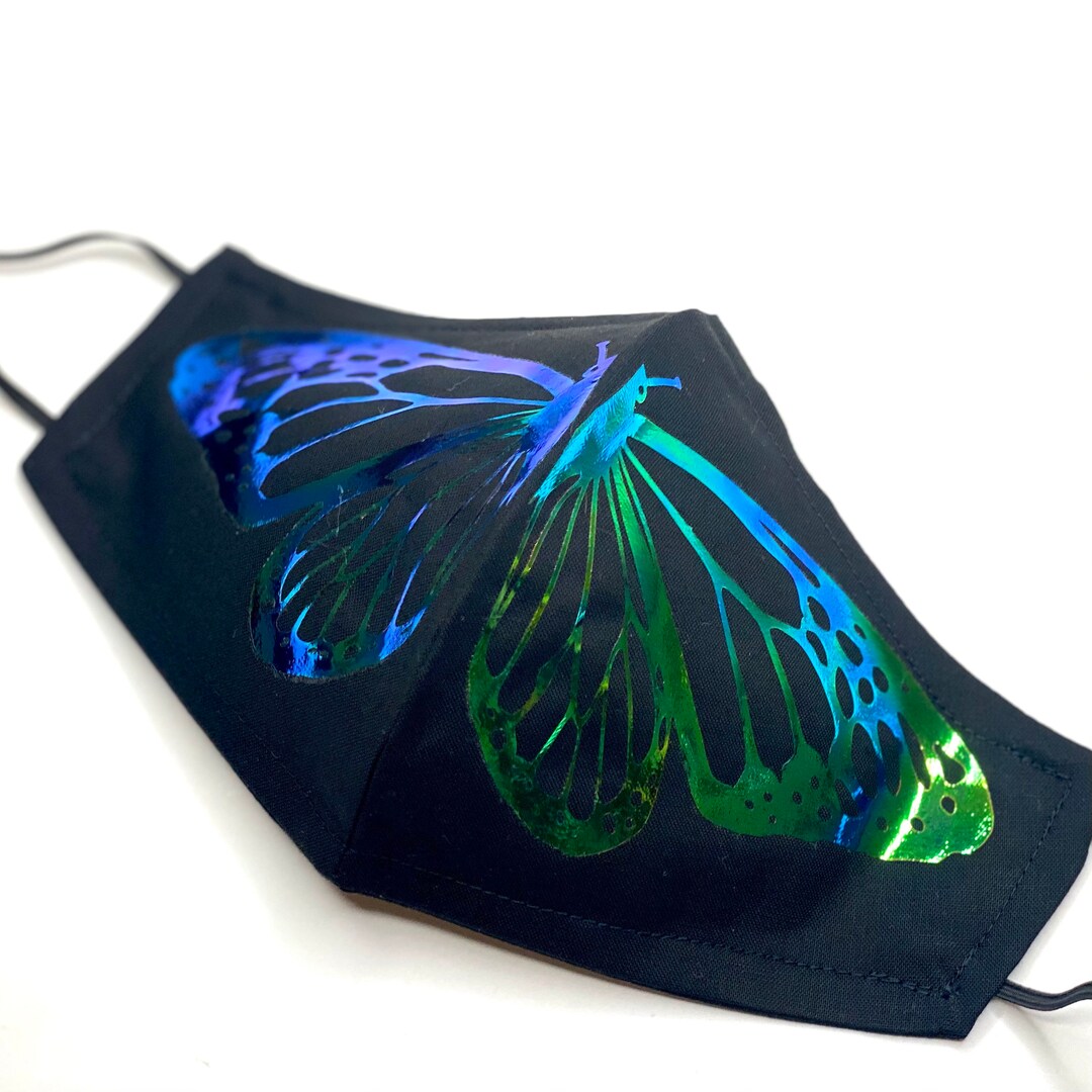 MONARCH BUTTERFLY Blue Holographic on Black Cotton Washable Face Mask ...