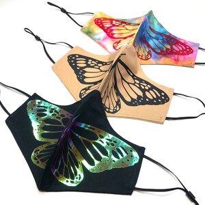 MONARCH BUTTERFLY Blue Holographic on Black Cotton Washable Face Mask ...