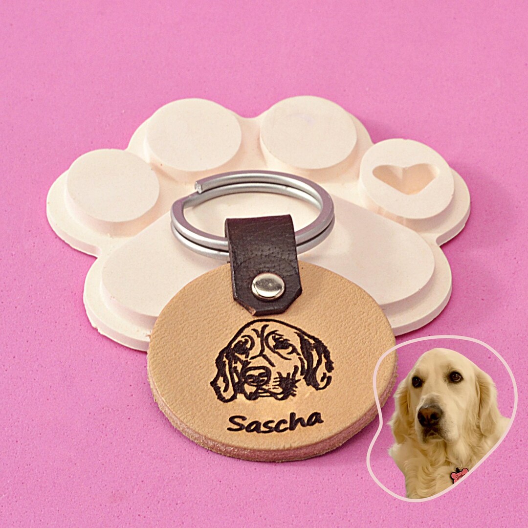 Custom Engraved Pet Portrait Keychain – Leather Dog Keychain ...