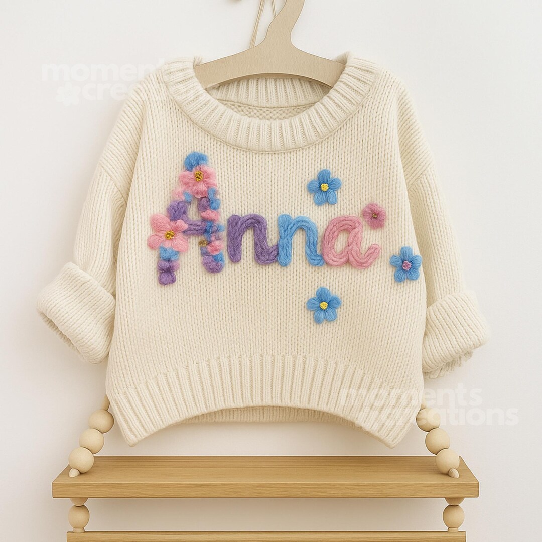 Hand Embroidered Baby Sweater: Custom Floral Name, Personalized Knit ...