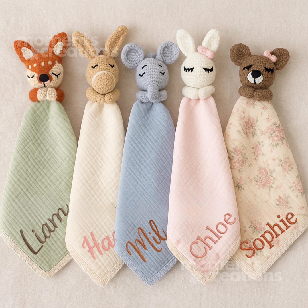 Personalized Name Baby Blanket Lovey Set: Crochet Animal, Muslin ...