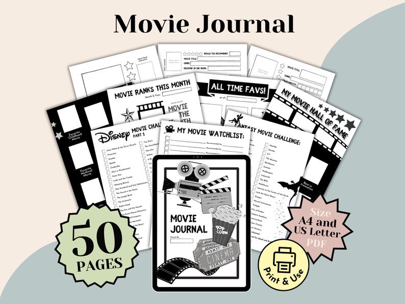 Digital Printable Movie Review Journal for Movie Lovers Cinema Watching ...