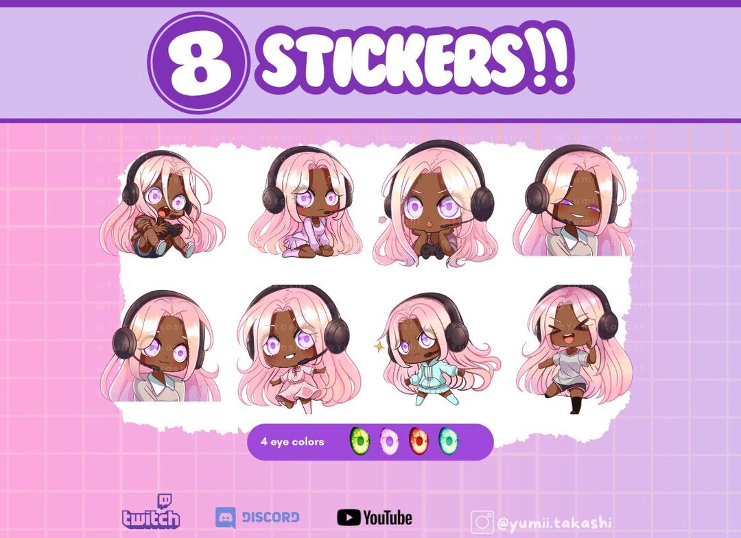 SUPER PACK Stickers Chibi Cute Kawaii Girl Pink Hair Dark Skin in the ...