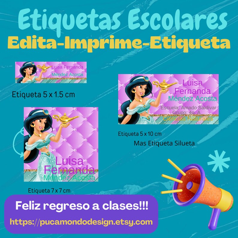 Editable and Printable School Labels Princess Jasmine Aladdin to Edit ...