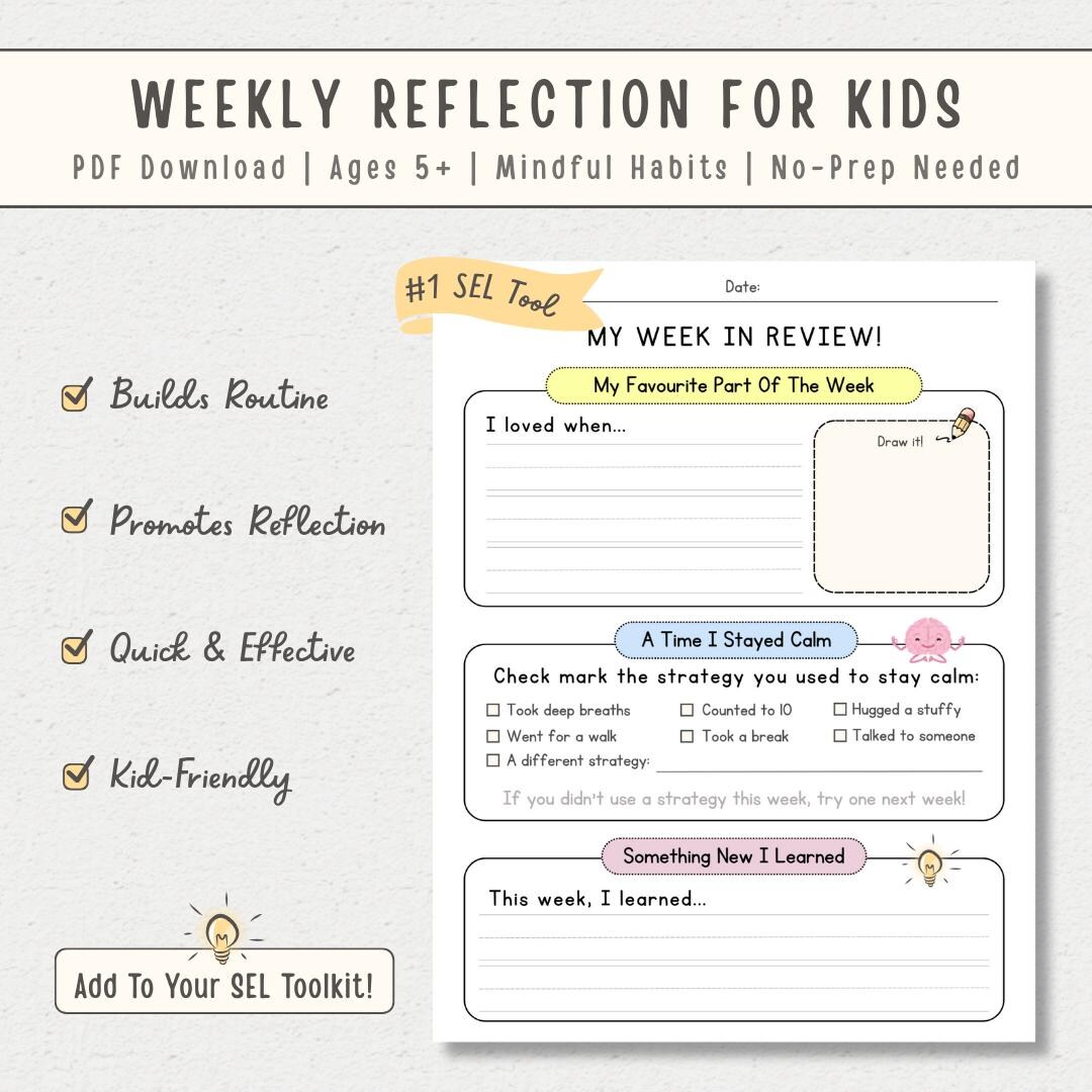 My Week in Review Worksheet for Kids | SEL Reflection Journal ...