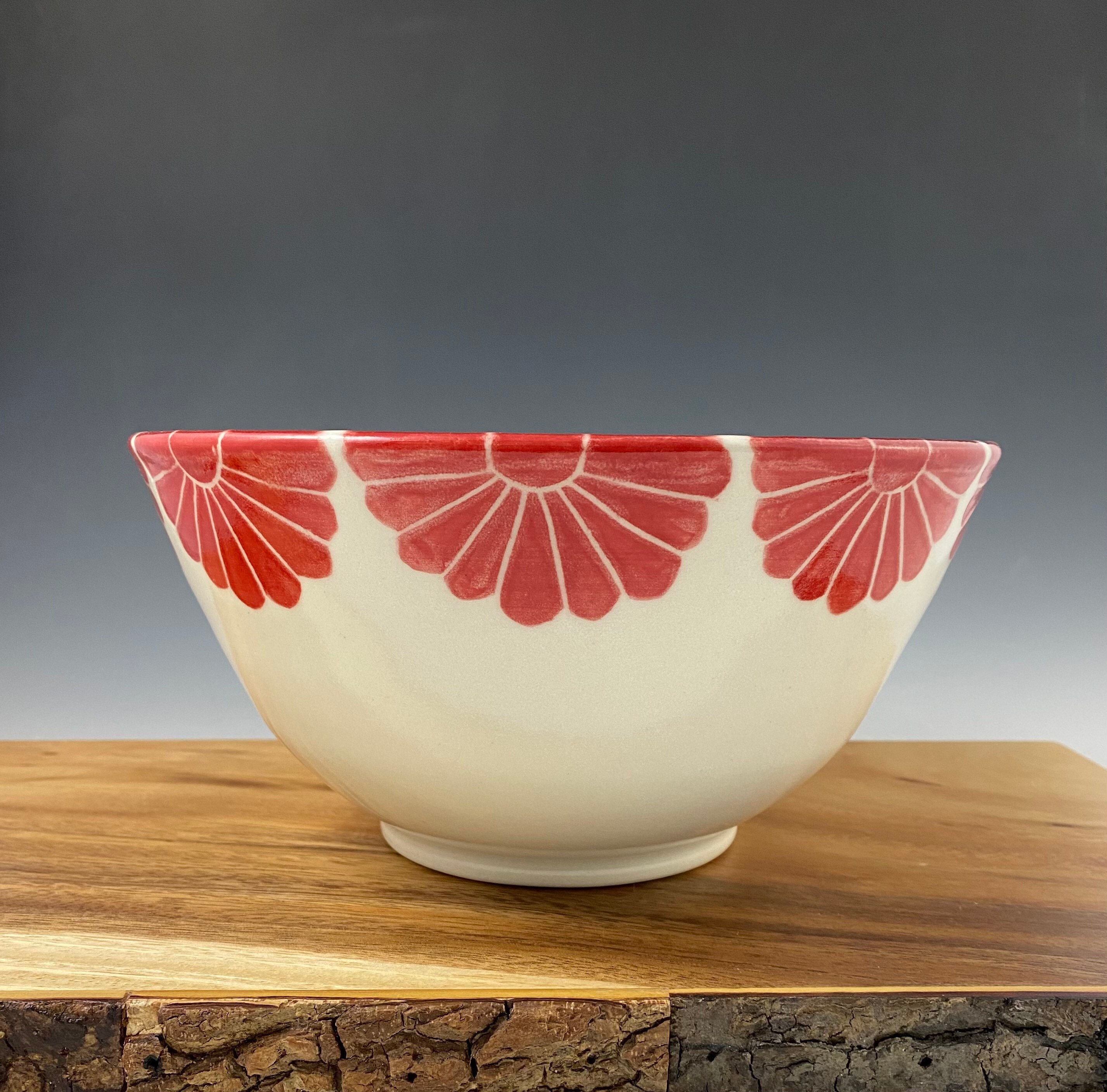 Pottery Serving Bowl With Red Flower Design - Etsy