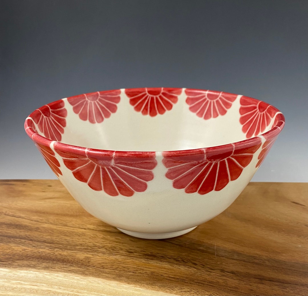 Pottery Serving Bowl With Red Flower Design - Etsy
