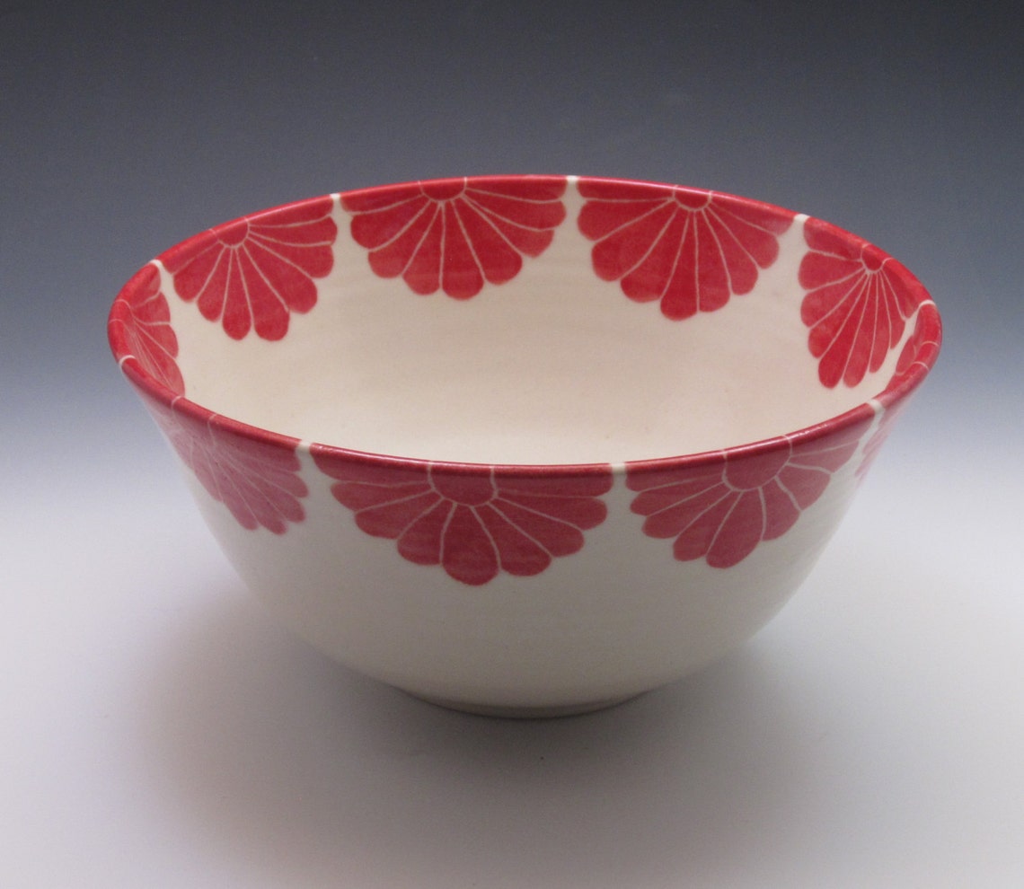 Pottery Serving Bowl With Red Flower Design | Etsy