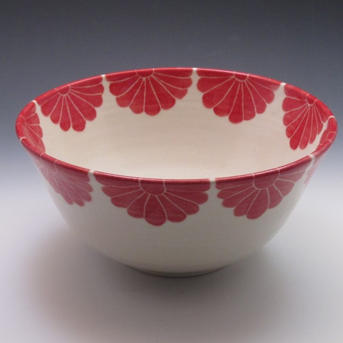 Pottery Serving Bowl With Red Flower Design - Etsy
