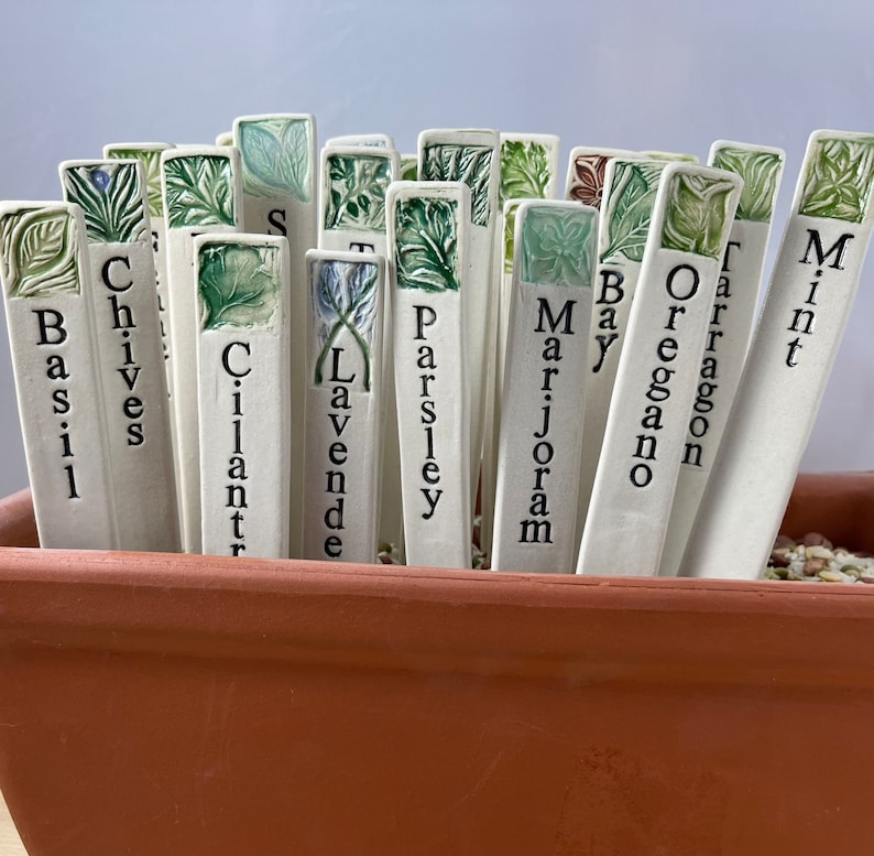 Set of 4 Ceramic Herb Garden Markers: Hand-painted Porcelain Plant ...