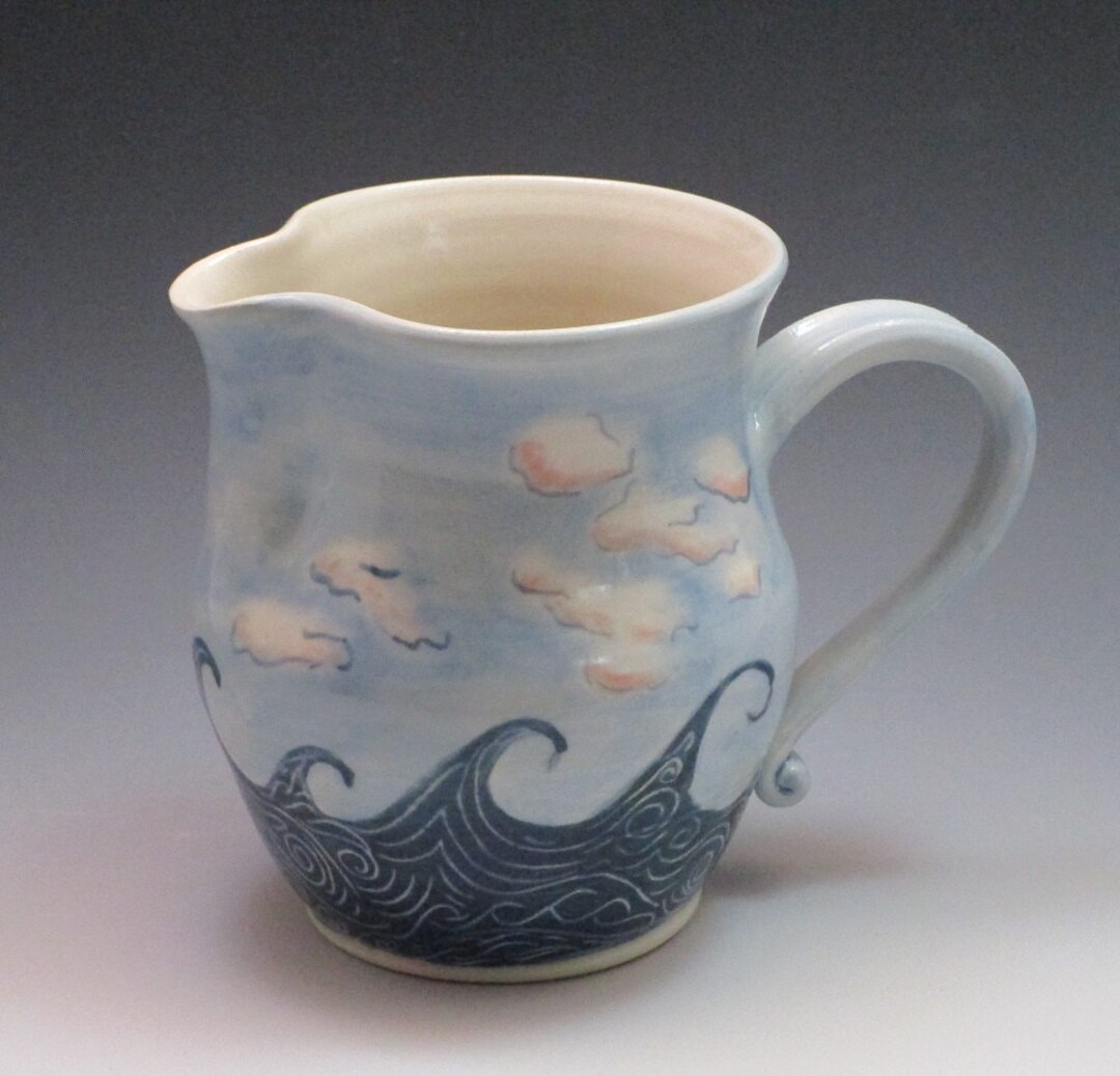 Porcelain Pitcher, Wave and Cloud Pattern, Hand Thrown and Hand Painted ...