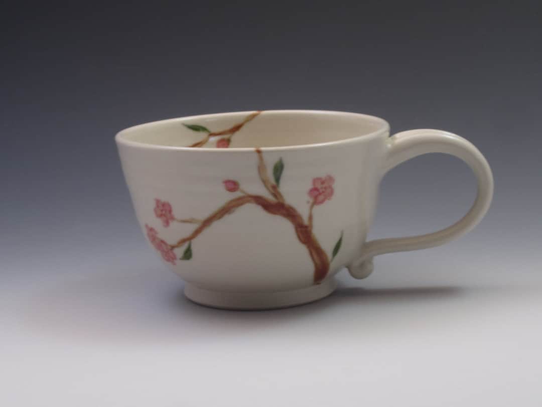 Porcelain Tea Cup With Cherry Blossoms, Handthrown and Handpainted Cup ...