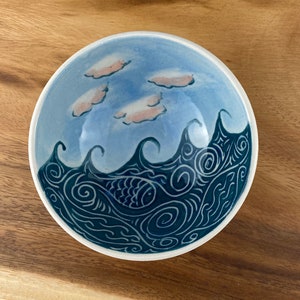 Small Pottery Bowl With Wave and Cloud Pattern. - Etsy