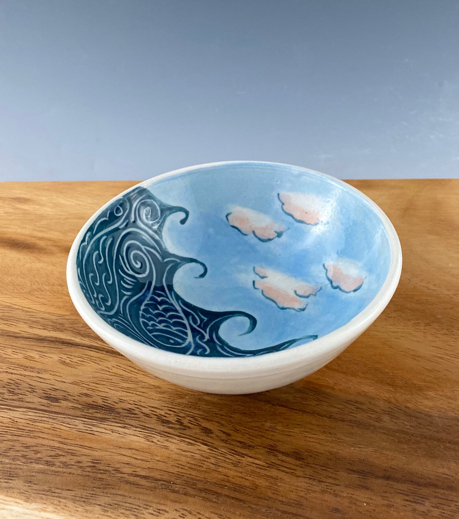 Small Pottery Bowl With Wave and Cloud Pattern. - Etsy