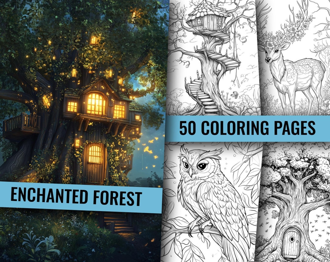 50 ENCHANTED FOREST Coloring Pages Adult and Kids Magic Forest Coloring ...