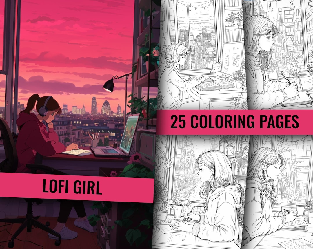 25 Lofi Girl Coloring Pages Printable PDF File, Adult and Kids Coloring ...