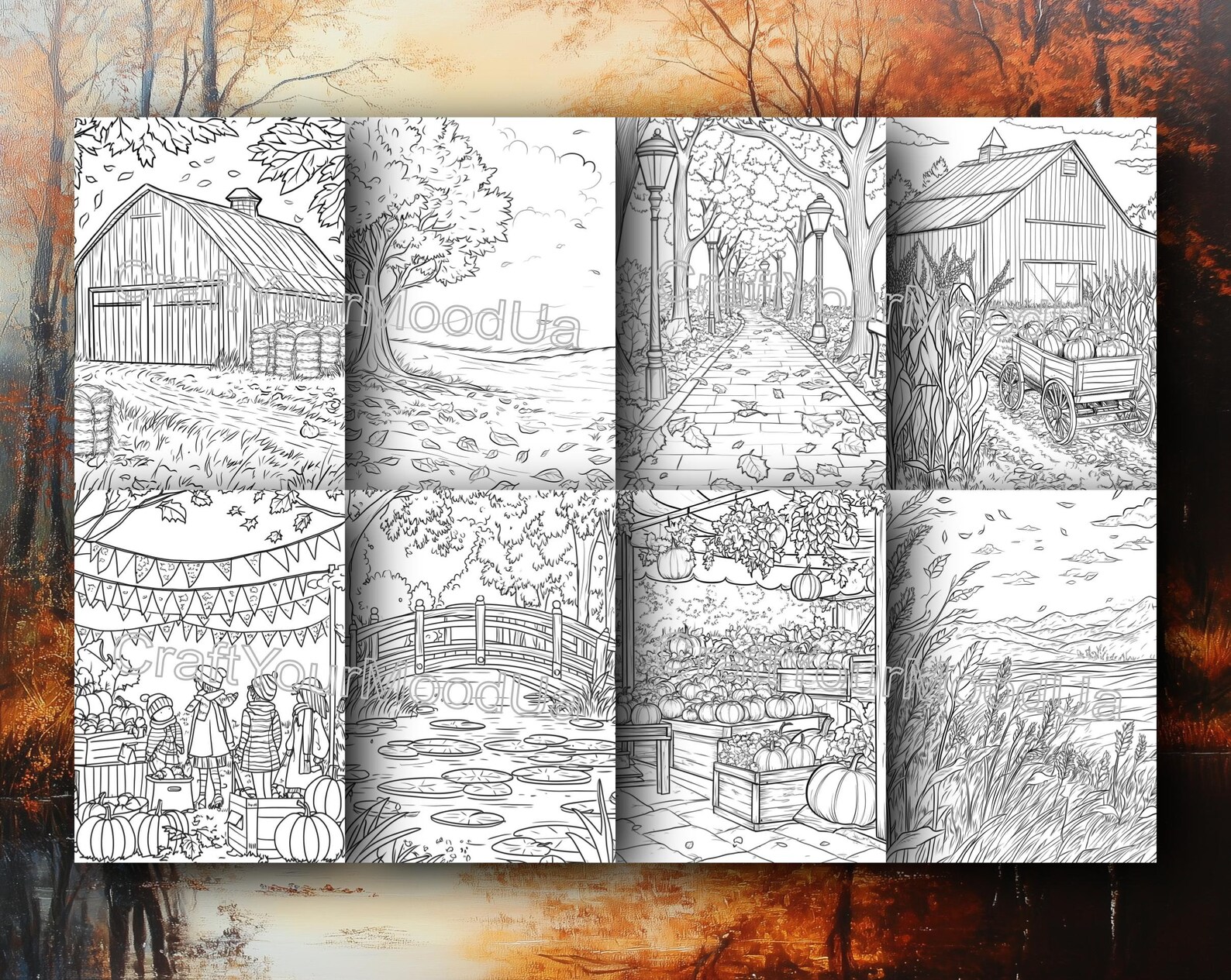 30 AUTUMN LANDSCAPE Coloring Pages Fall Coloring Sheets, Pumpkin ...