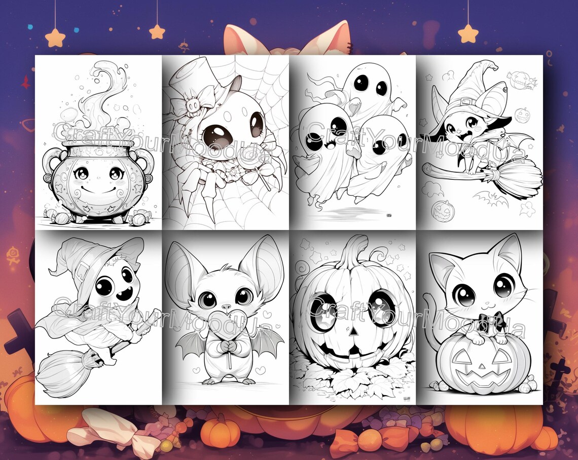 50 KAWAII HALLOWEEN CHARACTERS Coloring Pages Adult and Kids Anime ...