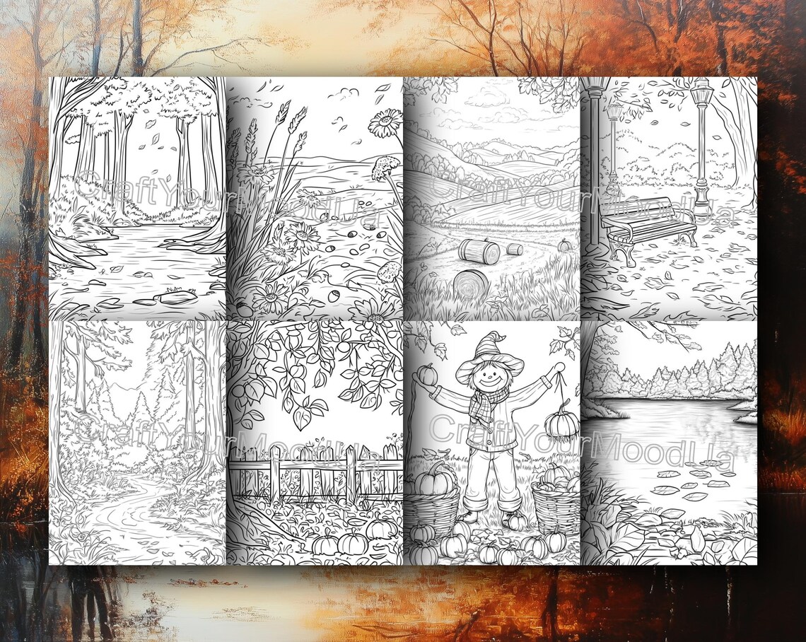 30 AUTUMN LANDSCAPE Coloring Pages Fall Coloring Sheets, Pumpkin ...