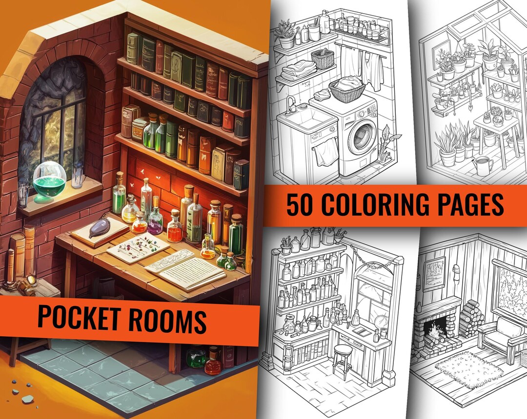 50 POCKET ROOMS Coloring Pages, Adult and Kids Coloring Book, Printable ...