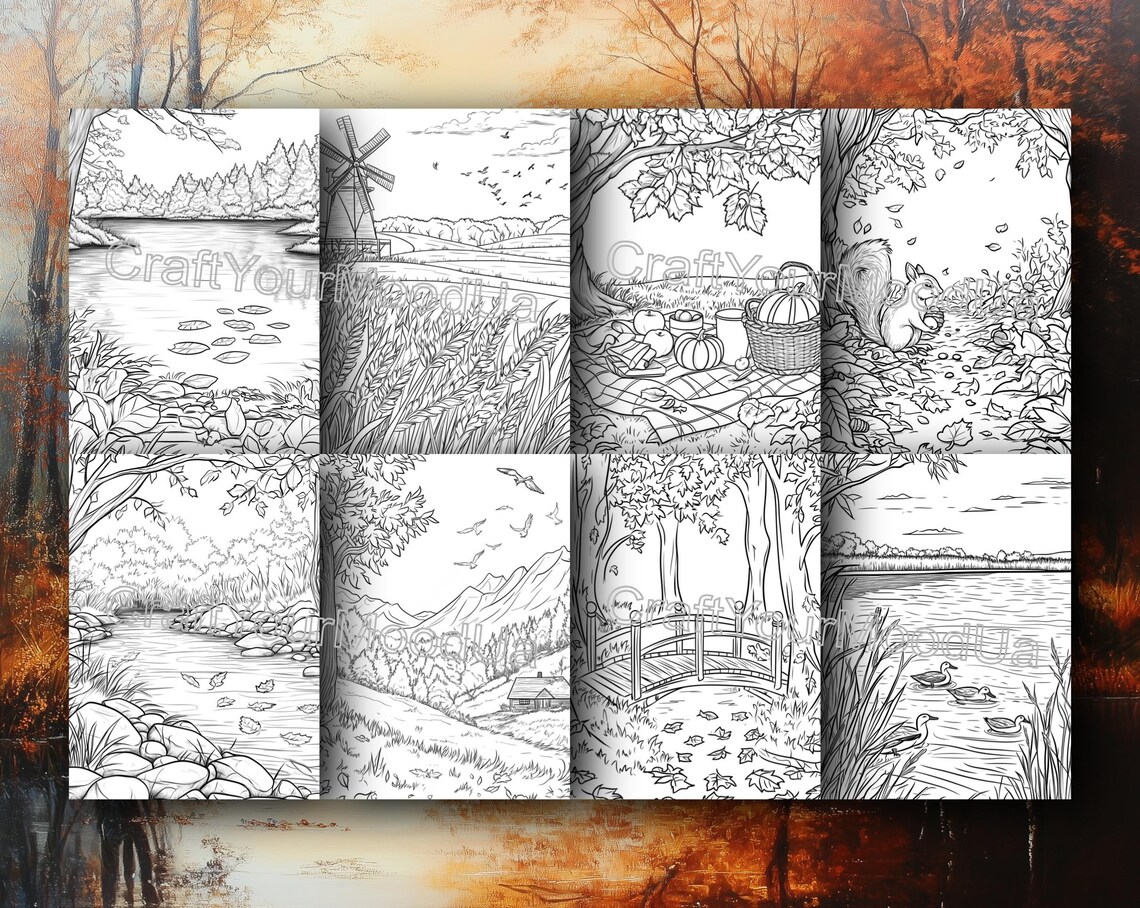 30 AUTUMN LANDSCAPE Coloring Pages Fall Coloring Sheets, Pumpkin ...